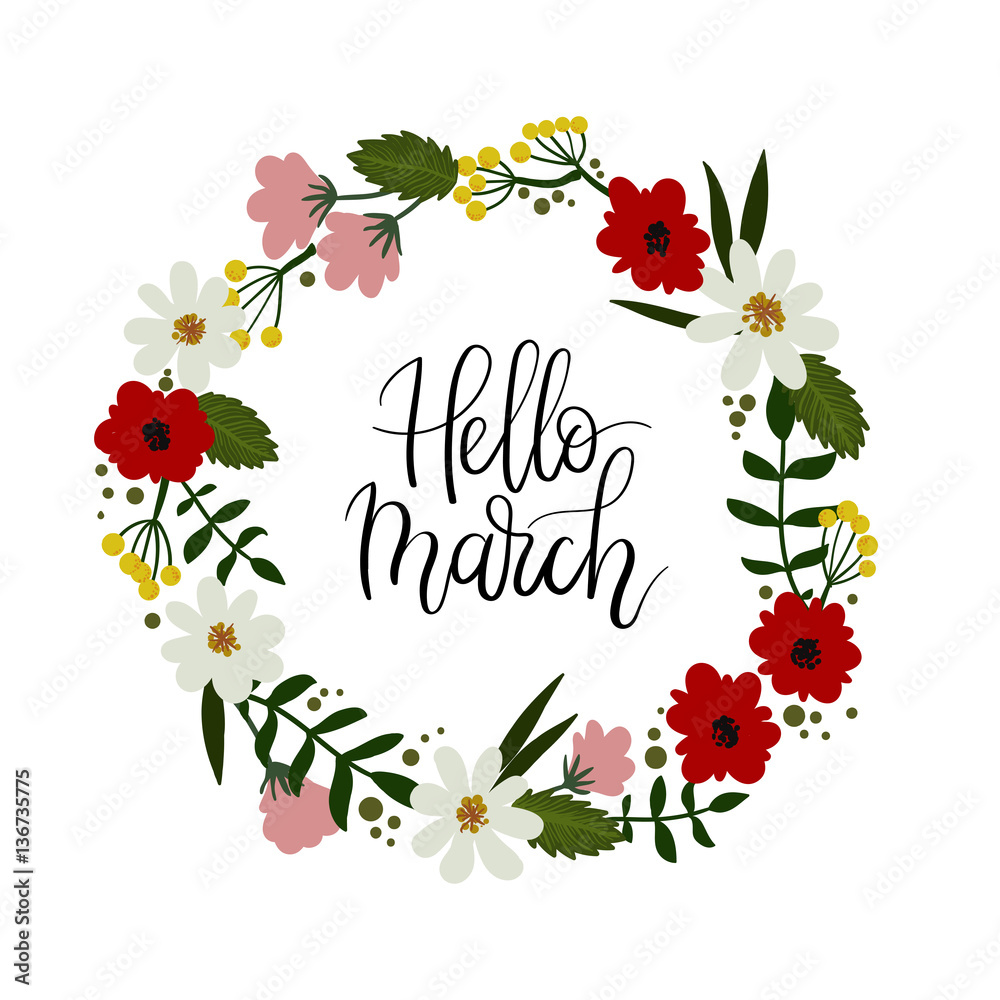Hello March hand lettering greeting card. Hand drawn illustration with ...