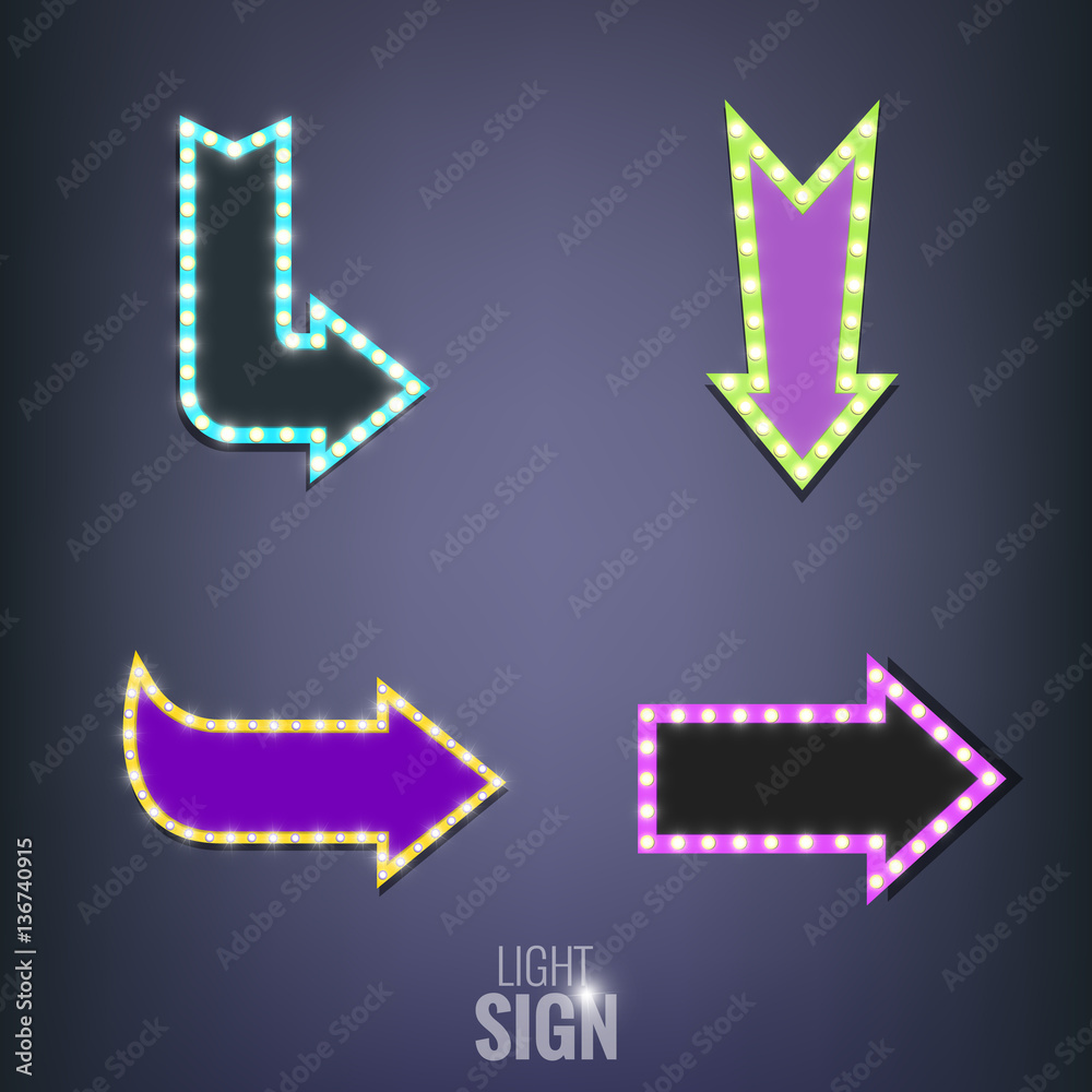 Shiny arrows and light sign banners. Advertisement signs with lamps ...