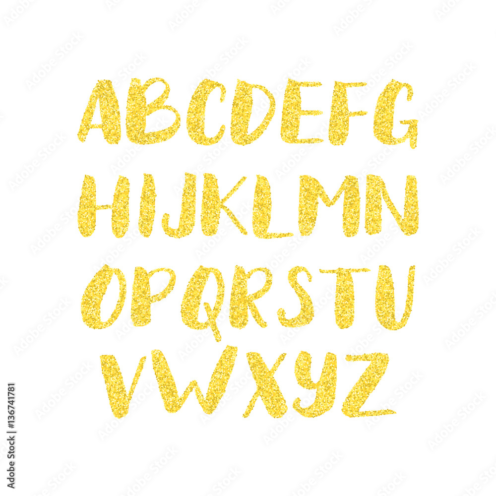 Gold glitter alphabet. Shiny brush calligraphy with golden glitter ...
