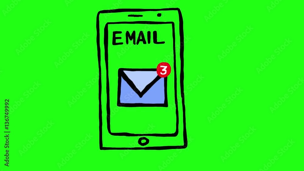 Handmade email app on smartphone screen doodle animation. Green screen ...