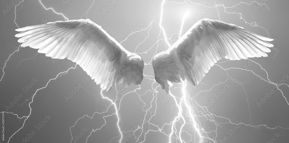 Angel wings with background made of sky and lightning in black and ...