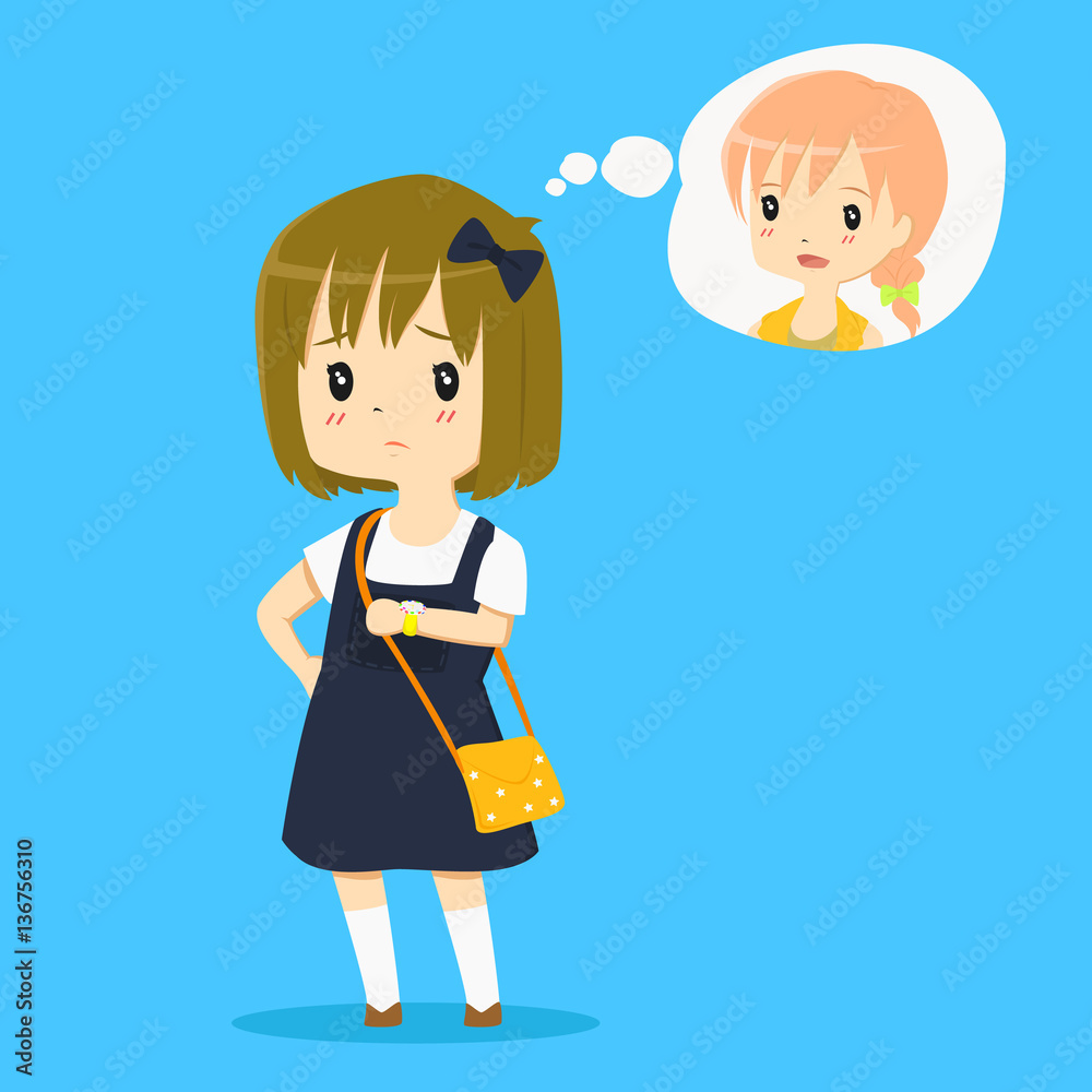 illustration of a little girl seeing her wrist watch and waiting for ...