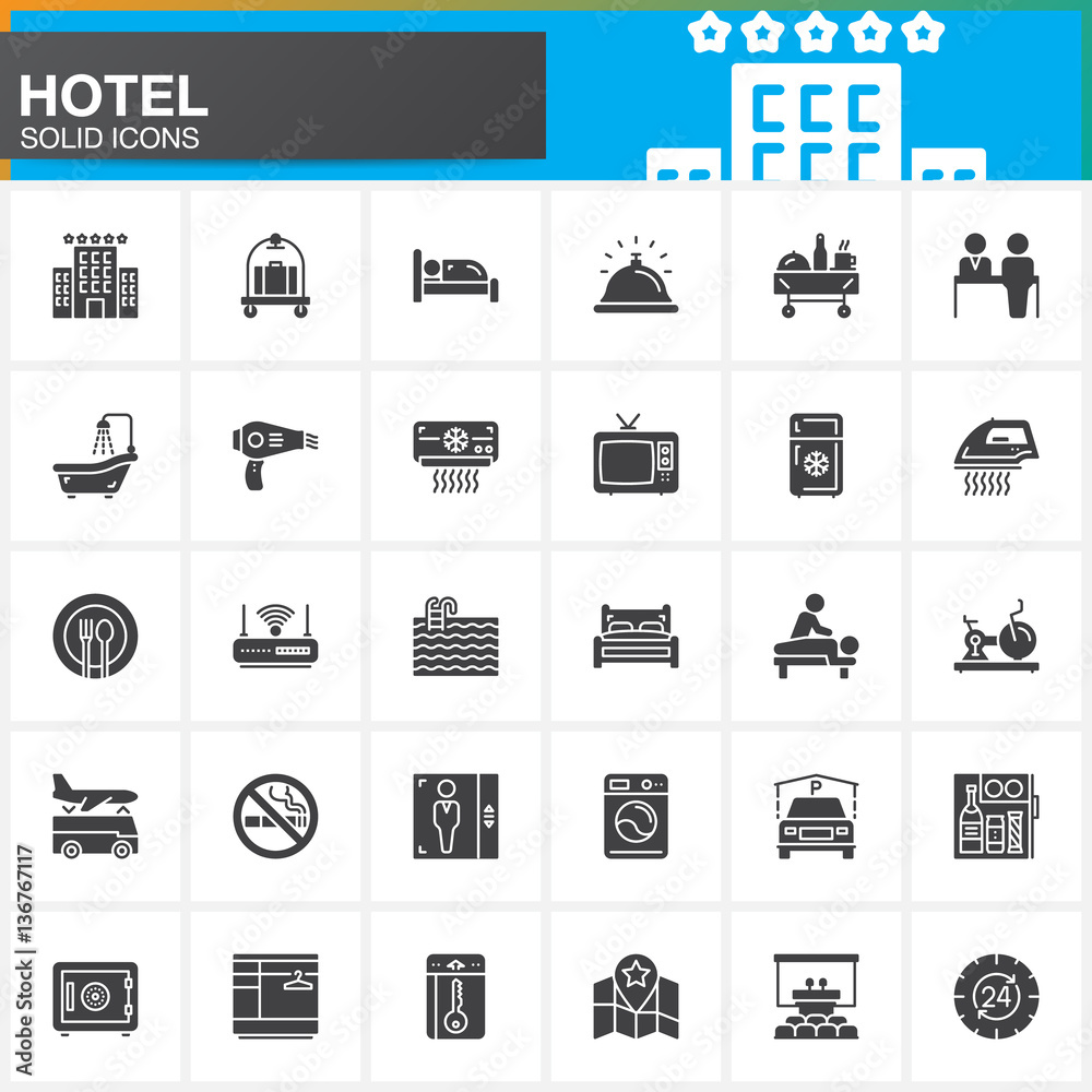 Hotel services and facilities vector icons set, modern solid symbol ...