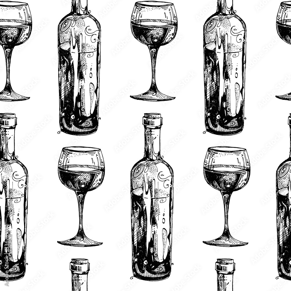 Seamless texture. A bottle of wine. Wineglass. Repeated pattern ...