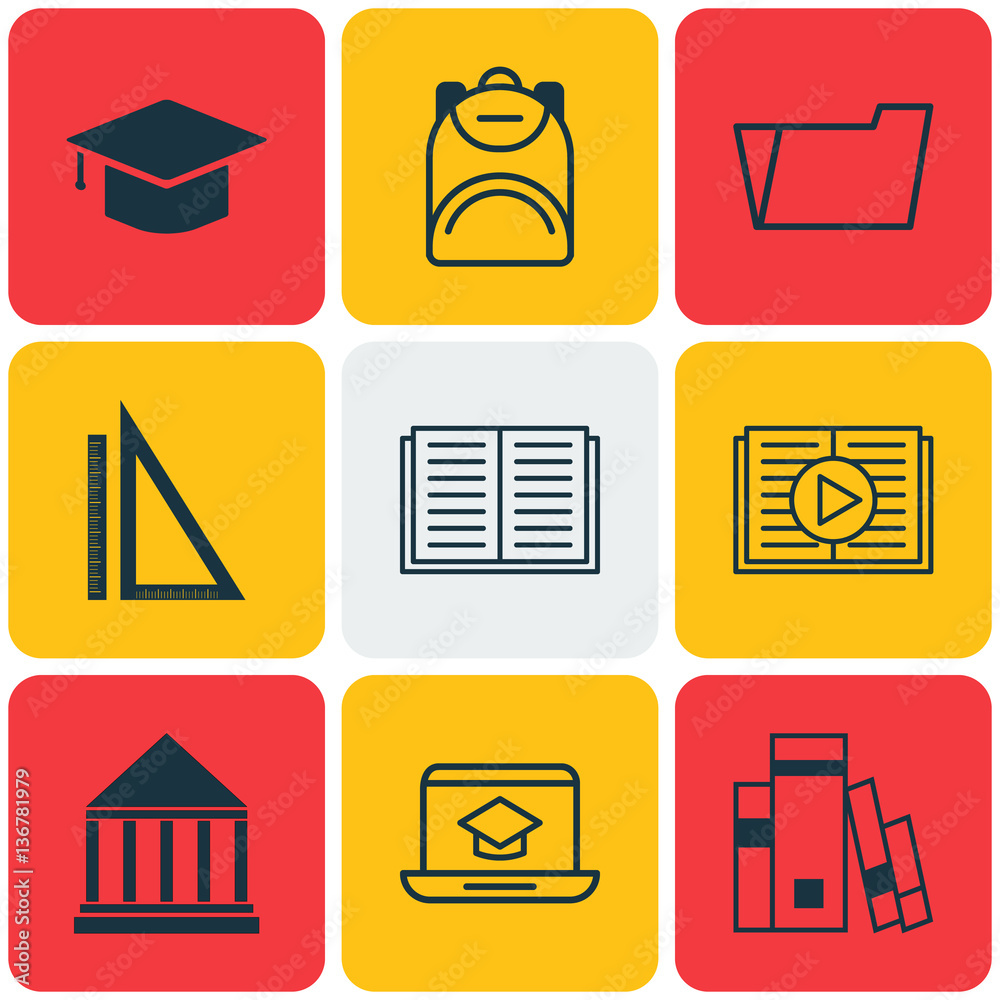 Vettoriale Stock Set Of 9 School Icons. Includes Haversack, Opened Book ...