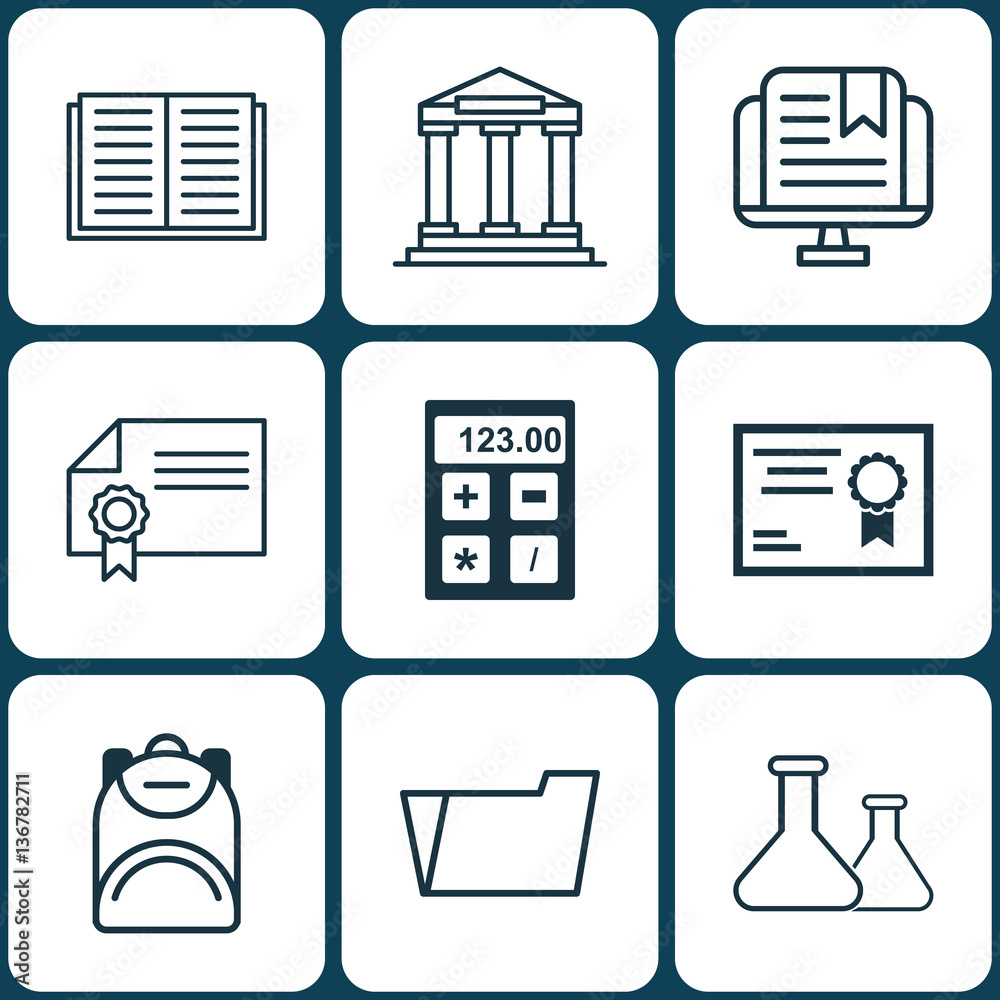Set Of 9 Education Icons. Includes Document Case, Haversack ...