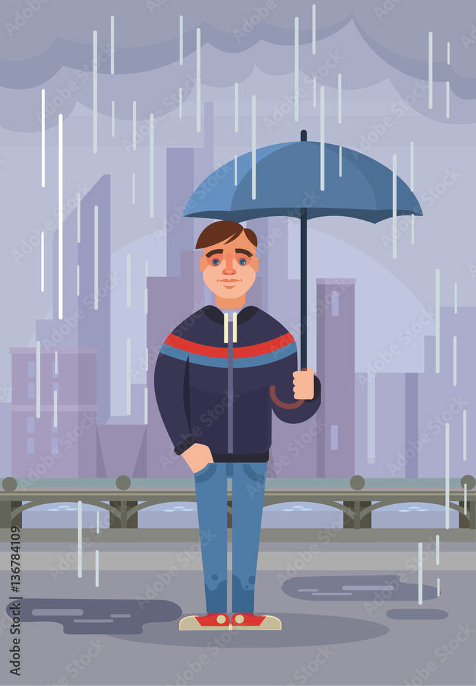 Young man character hold umbrella under rain. Vector flat cartoon ...
