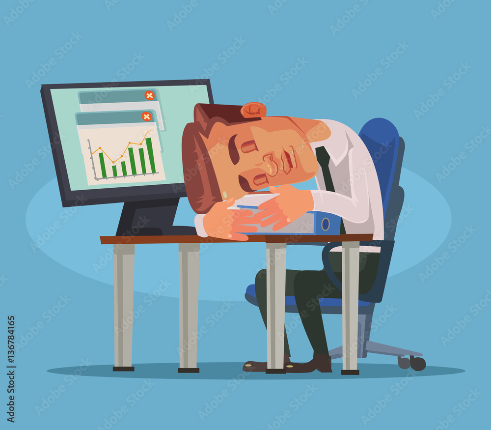 Office worker man character sleeping on workplace. Vector flat cartoon ...