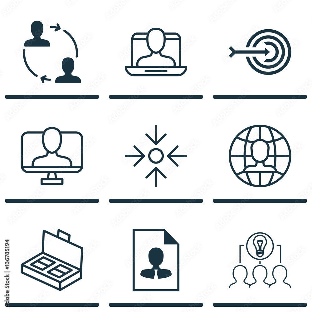 Set Of 9 Business Management Icons. Includes Arrow, Global Work ...