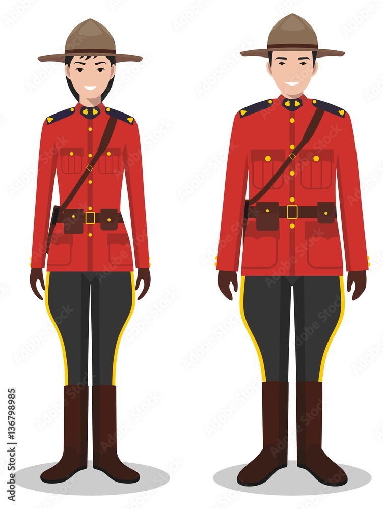 Couple of canadian policeman and policewoman in traditional red ...