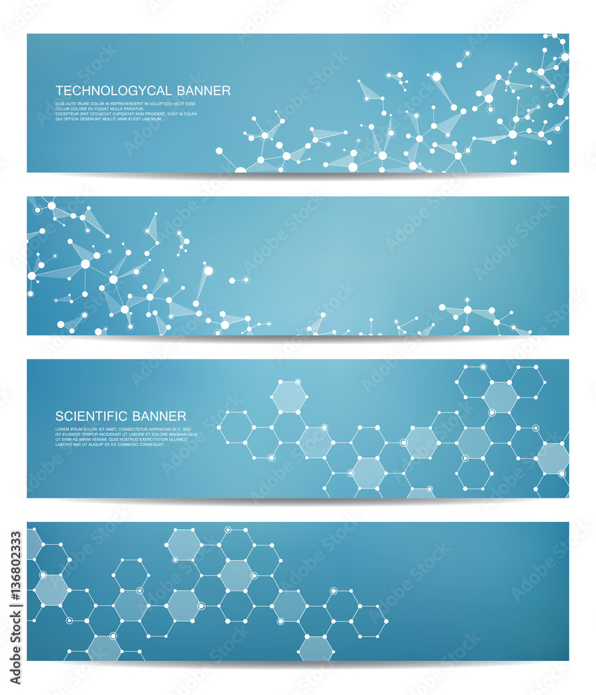Set of modern scientific banners. Molecule structure DNA and neurons ...