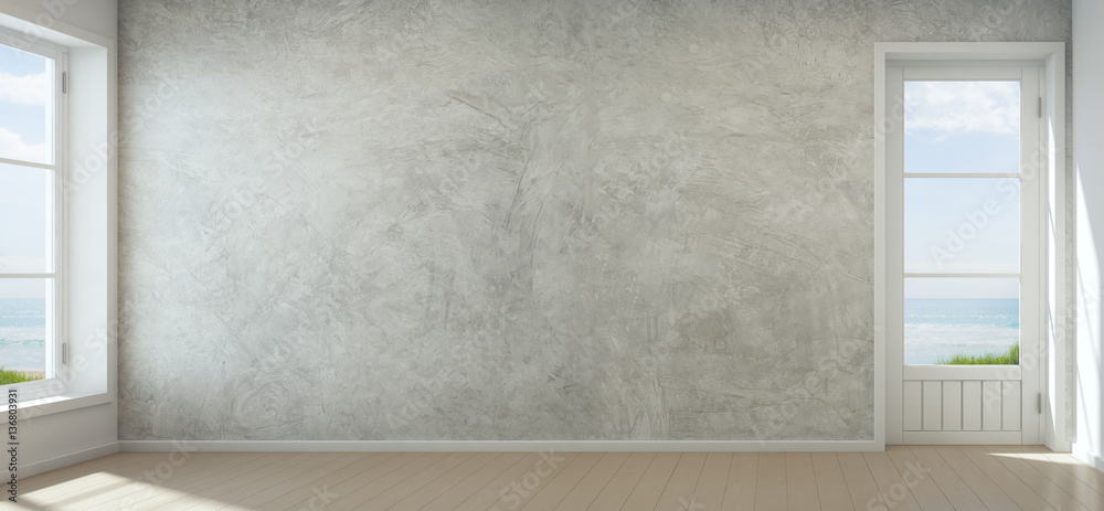 Sea view room with concrete wall in modern beach house, Empty interior ...