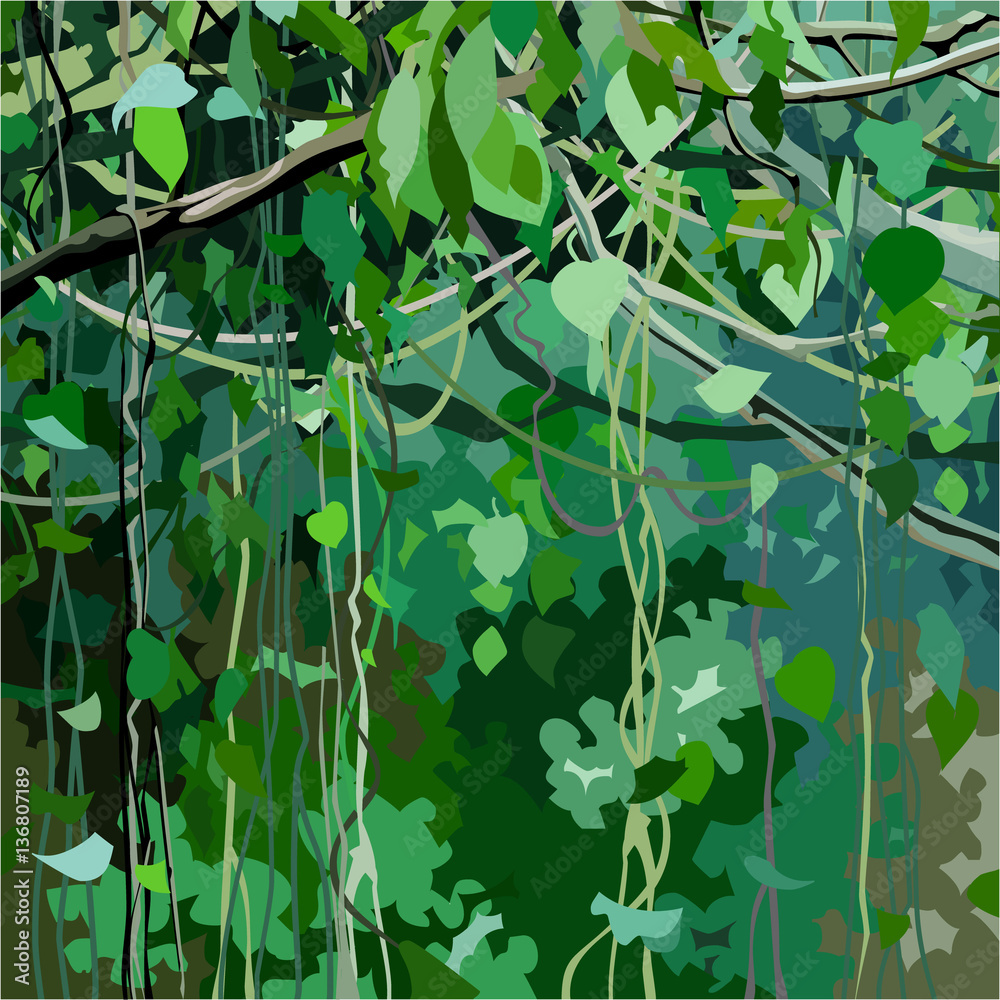 cartoon background with forest overgrown with green leaves and lianas ...