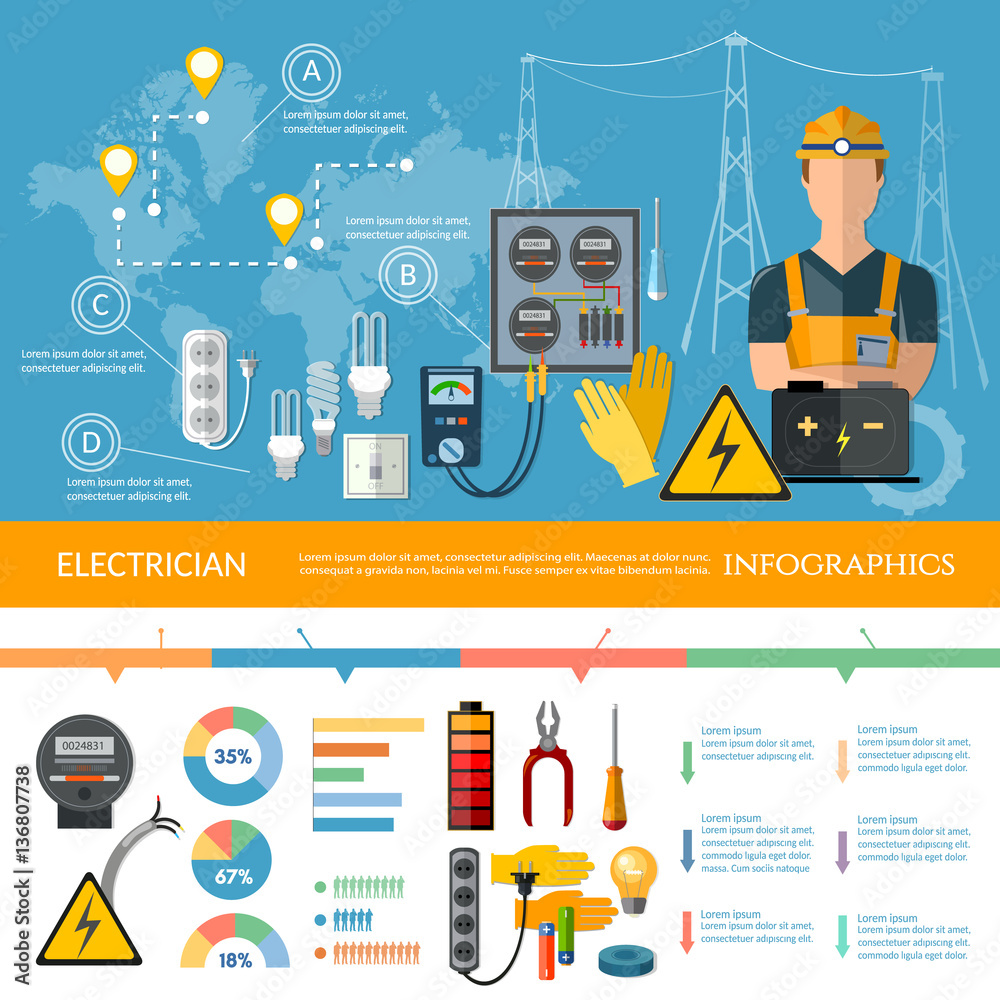 Professional electrician infographics electricity tools Stock Vector ...