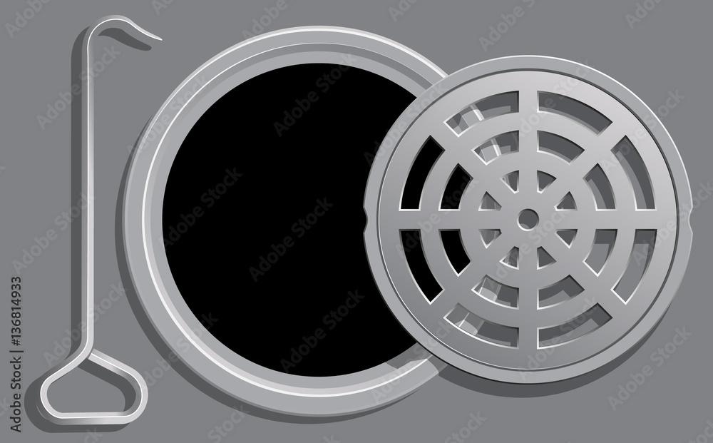 Vector Illustration of an Open Manhole Cover with a hook used to open ...