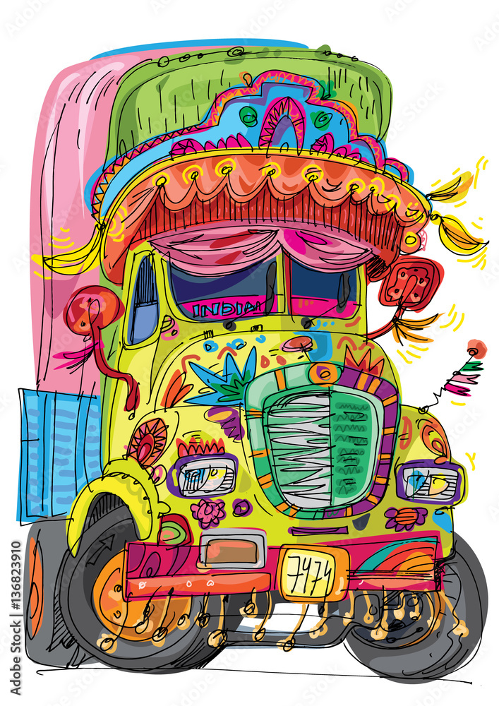 bright decorated indian truck painted with traditional patterns ...