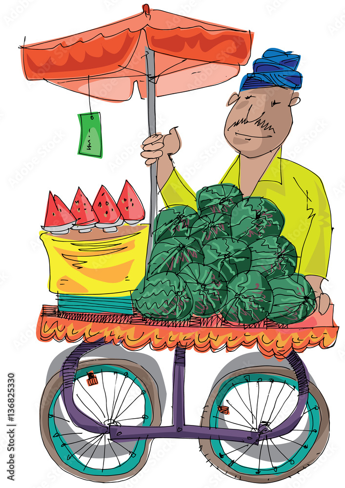 An indian street vendor selling watermelons - cartoon Stock Vector ...