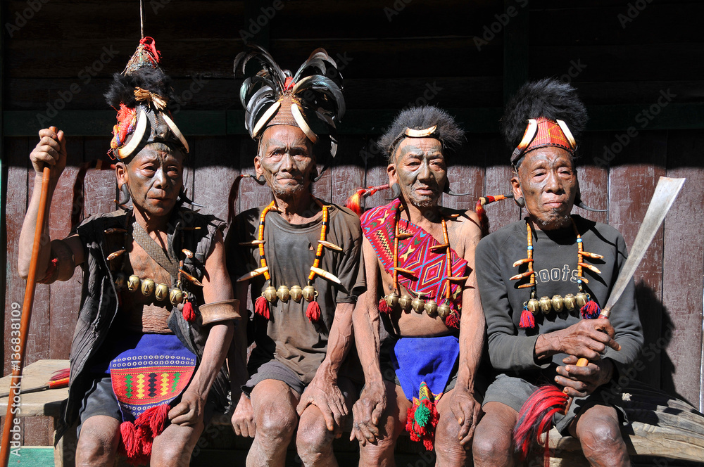 The warriors from the tribe of Konyak headhunters in the Nagaland state ...