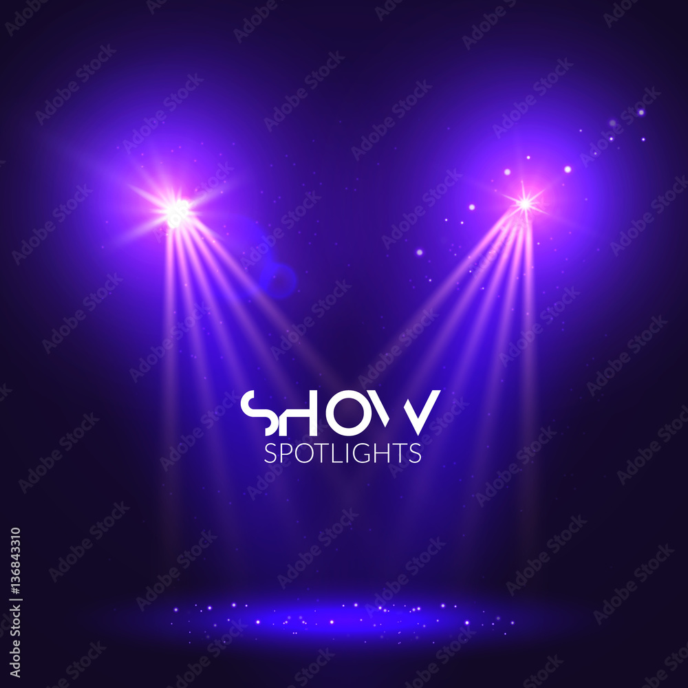 Spotlights empty scene. Illuminated stage design. Show background with ...