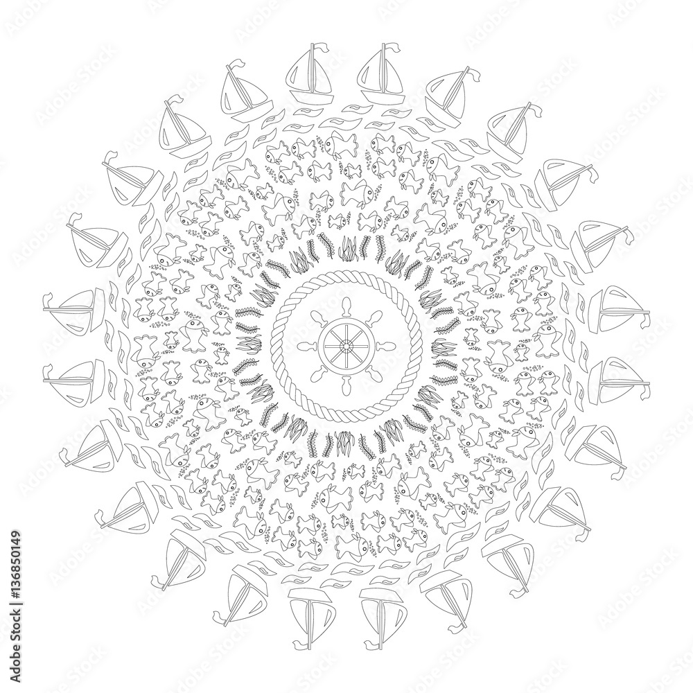 vector black and white round navy mandala with symbols - sea fishes ...