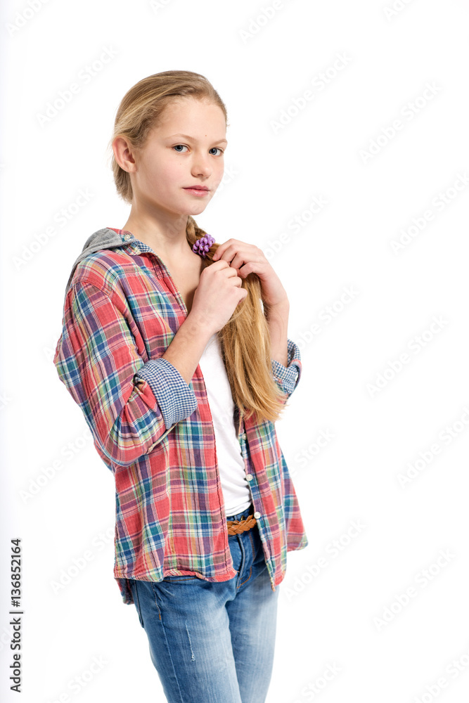 Portrait of young cute shy teenage girl on white background Stock Photo ...