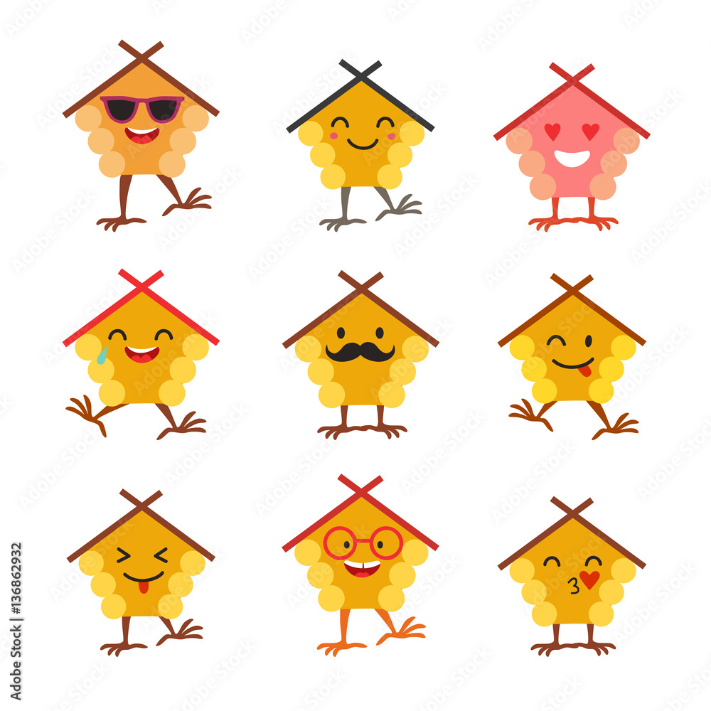Emoticons house vector set. Cute funny stickers. Emoji flat cartoon ...