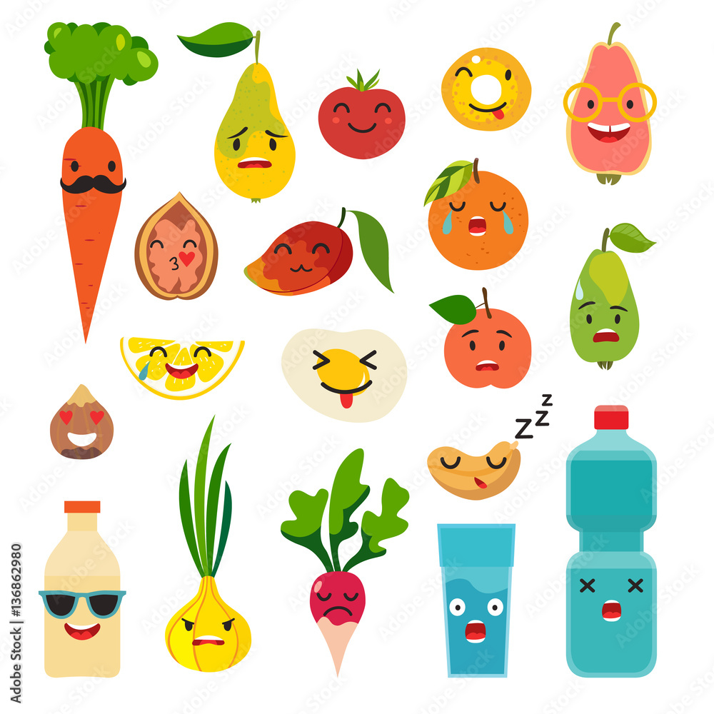 Emoticons food vector set. Cute funny stickers. Emoji flat cartoon ...