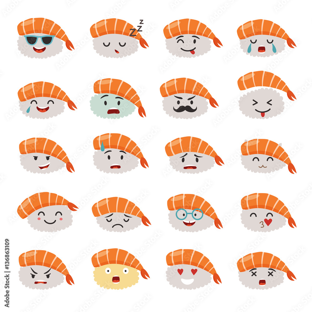Sashimi emoji vector set. Emoji sushi with faces icons. Sushi roll ...