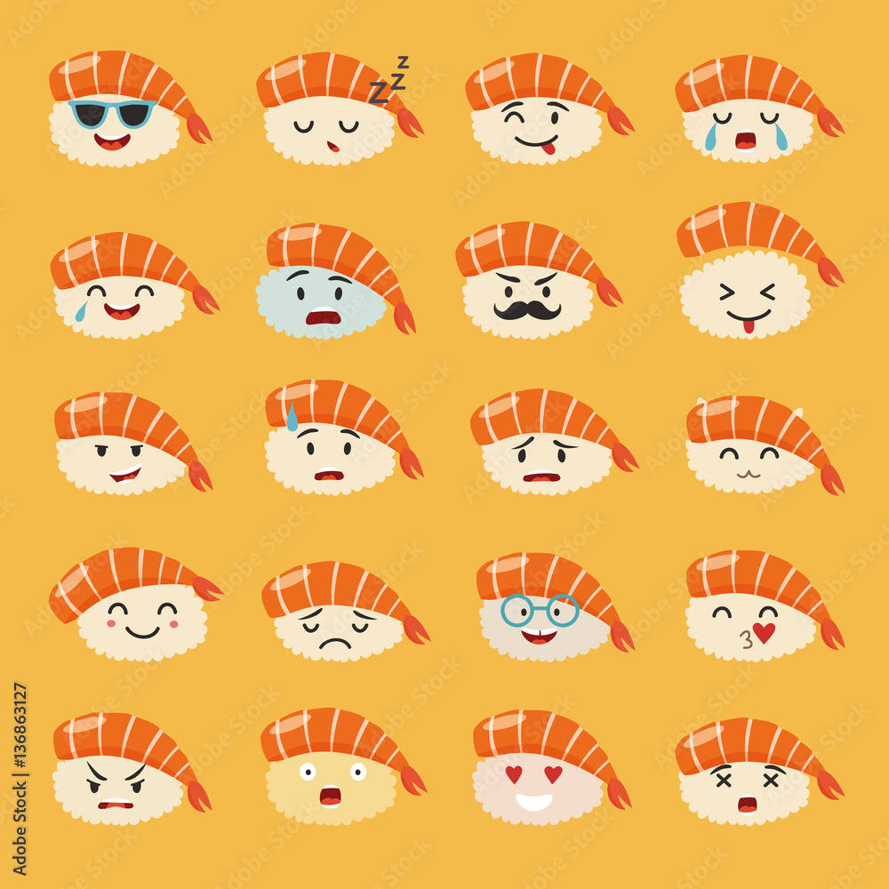 Sashimi emoji vector set. Emoji sushi with faces icons. Sushi roll ...