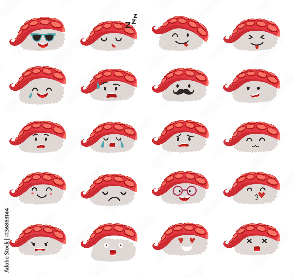 Sashimi emoji vector set. Emoji sushi with faces icons. Sushi roll ...