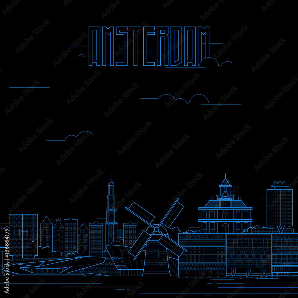 Amsterdam city with iconic buildings. Line art flat design. Vector ...