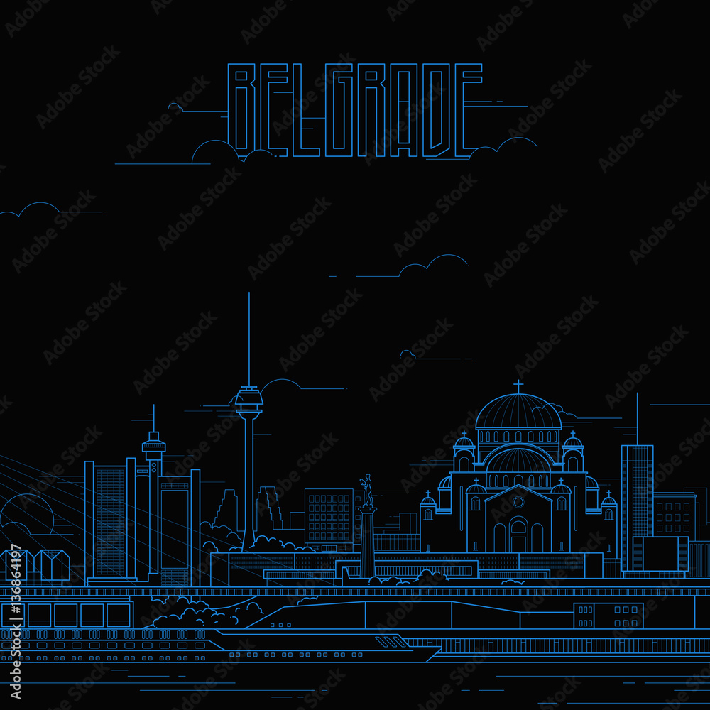 Belgrade city with iconic buildings. Line art flat design. Vector ...