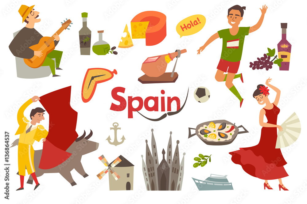 Spain traditional symbols set.Travel tourist element.Hola sign ...
