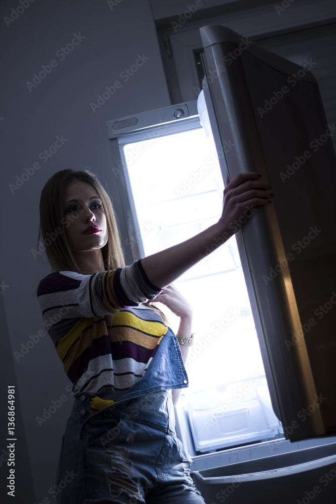 Late night snack. Beautiful woman opening the fridge at night. Fridge ...
