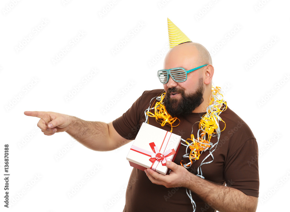 Funny fat man with birthday present on white background Stock Photo ...