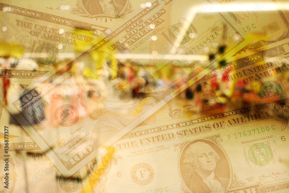 Shopping mall retail store and dollar cash banknote background, retail ...