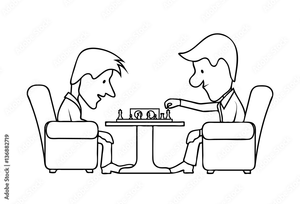 Ridiculous caricature, men at a table play chess, a vector illustration ...