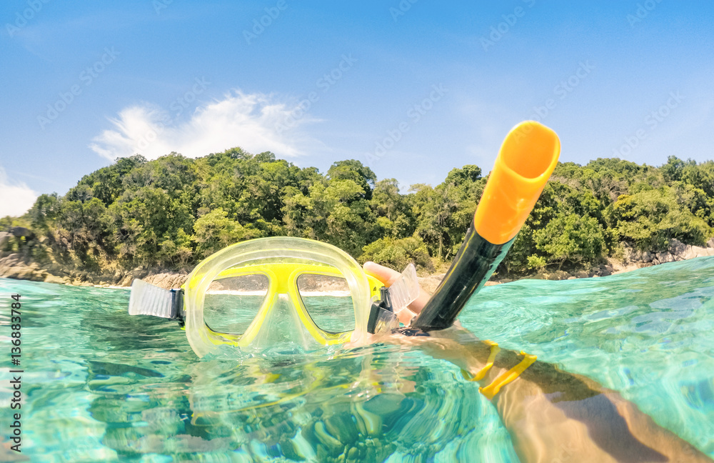 Adventurous guy taking photo of snorkeling mask underwater - Adventure ...