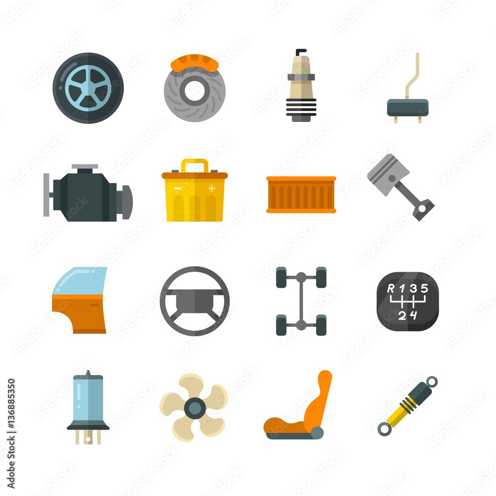 Vehicle auto technology, car parts flat vector icons Stock Vector ...