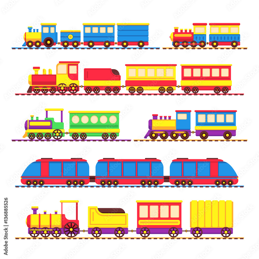Cartoon kids toy trains, locomotive and wagons vector set Stock Vector ...