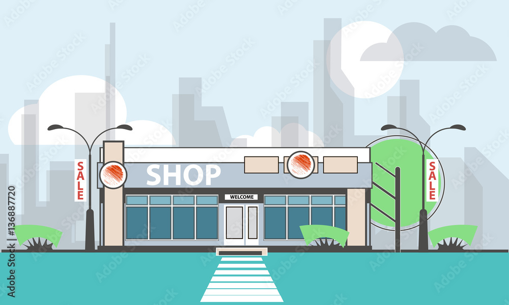 shop street on a background of urban development. light pole banners ...