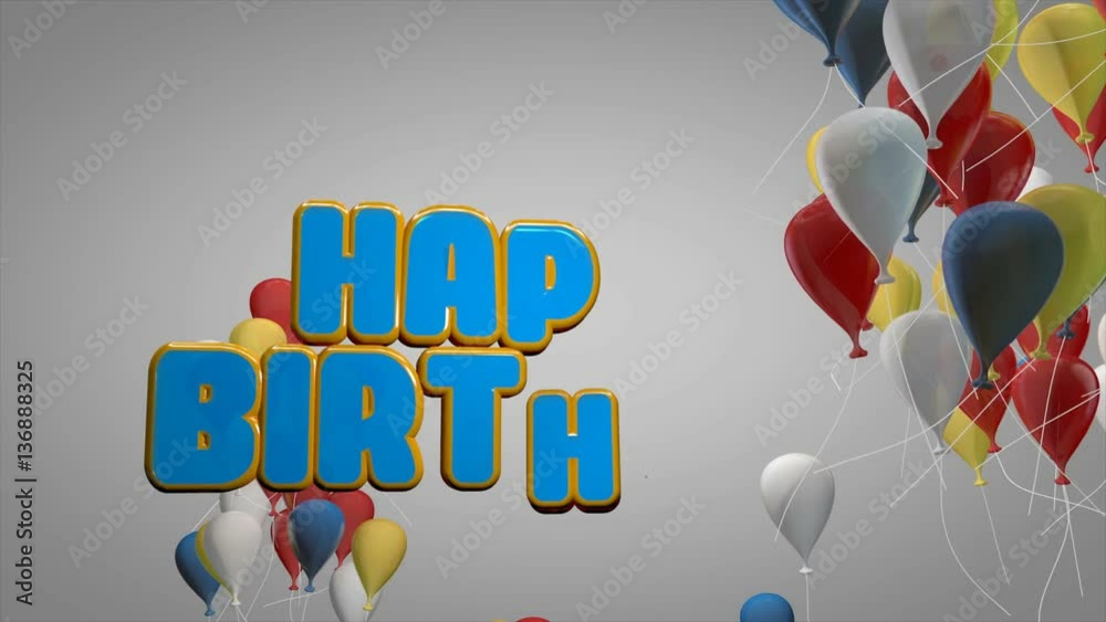 3D animation of happy birthday party celebration with colorful balloons ...