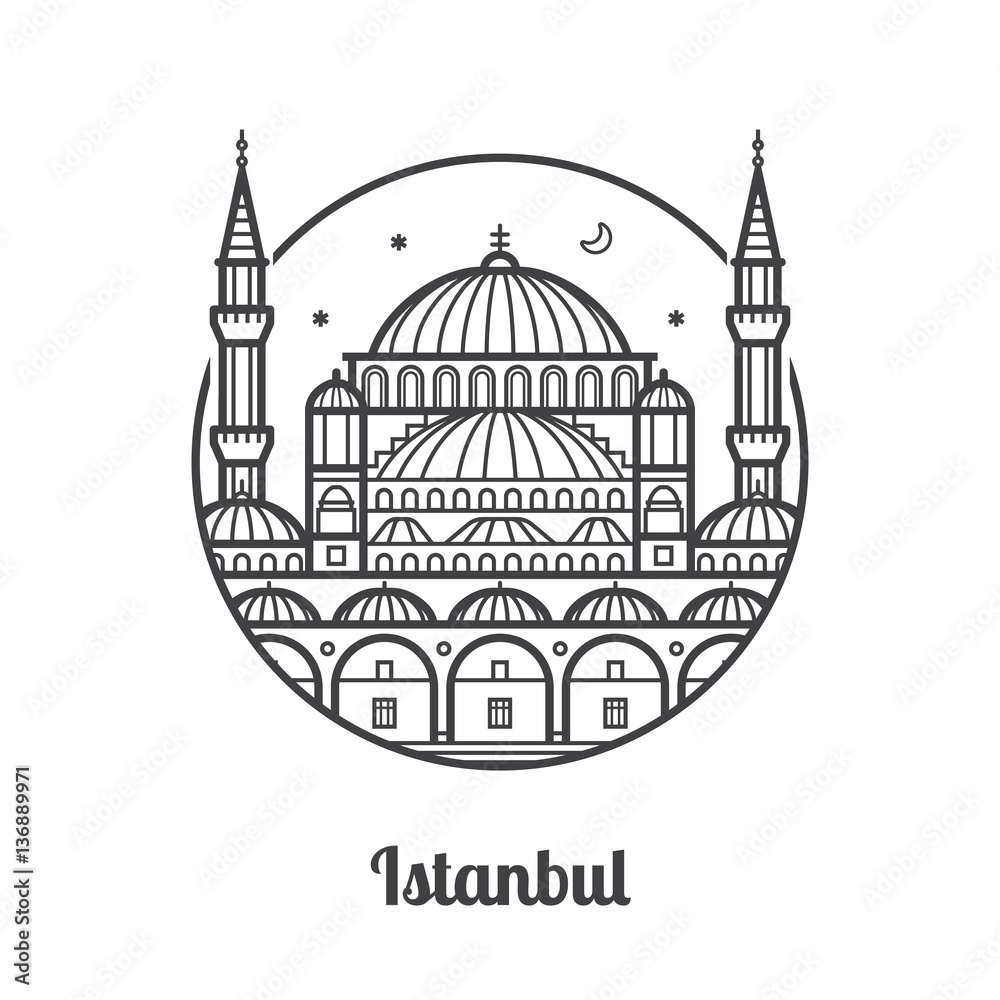 Travel Istanbul icon. Mosque and minarets of famous architectural ...