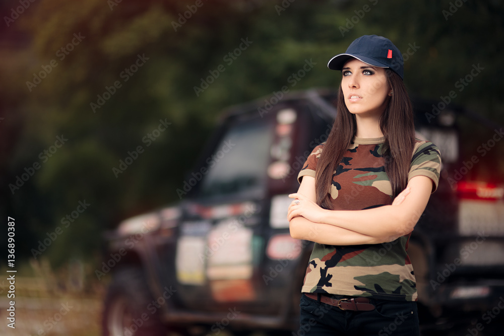 Female Driver in Army Outfit Next to an Off Road Car Stock-Foto | Adobe ...