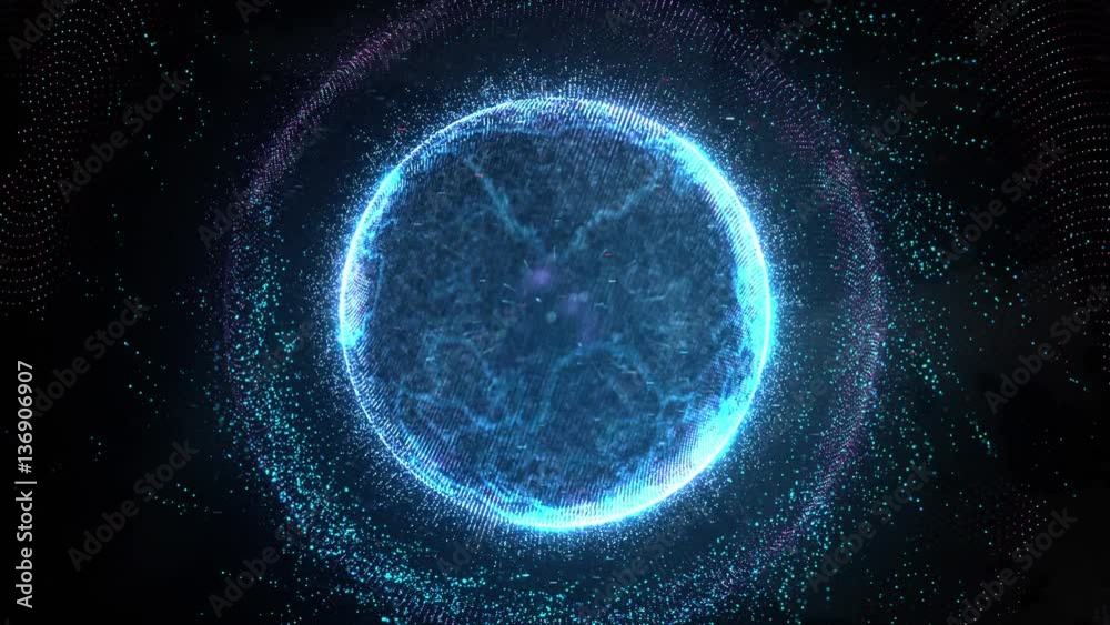Shining sphere digitally generated with lightning particles spinning ...