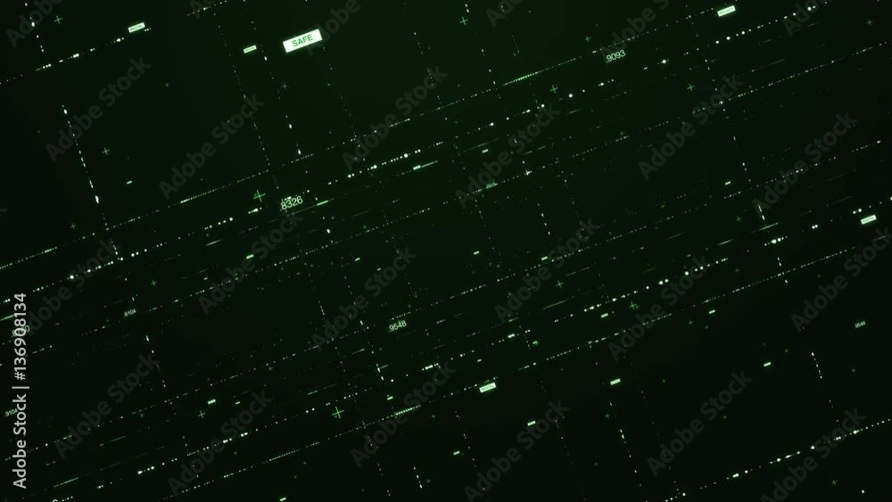 High-tech grid illuminated with green flying through black virtual ...