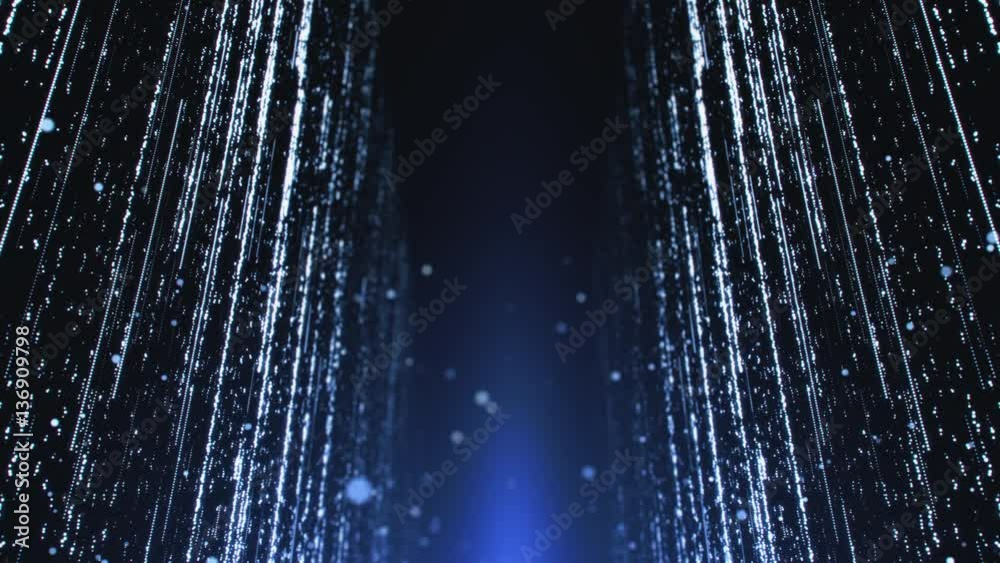 Computer animated background with shining light trails on dark blue ...