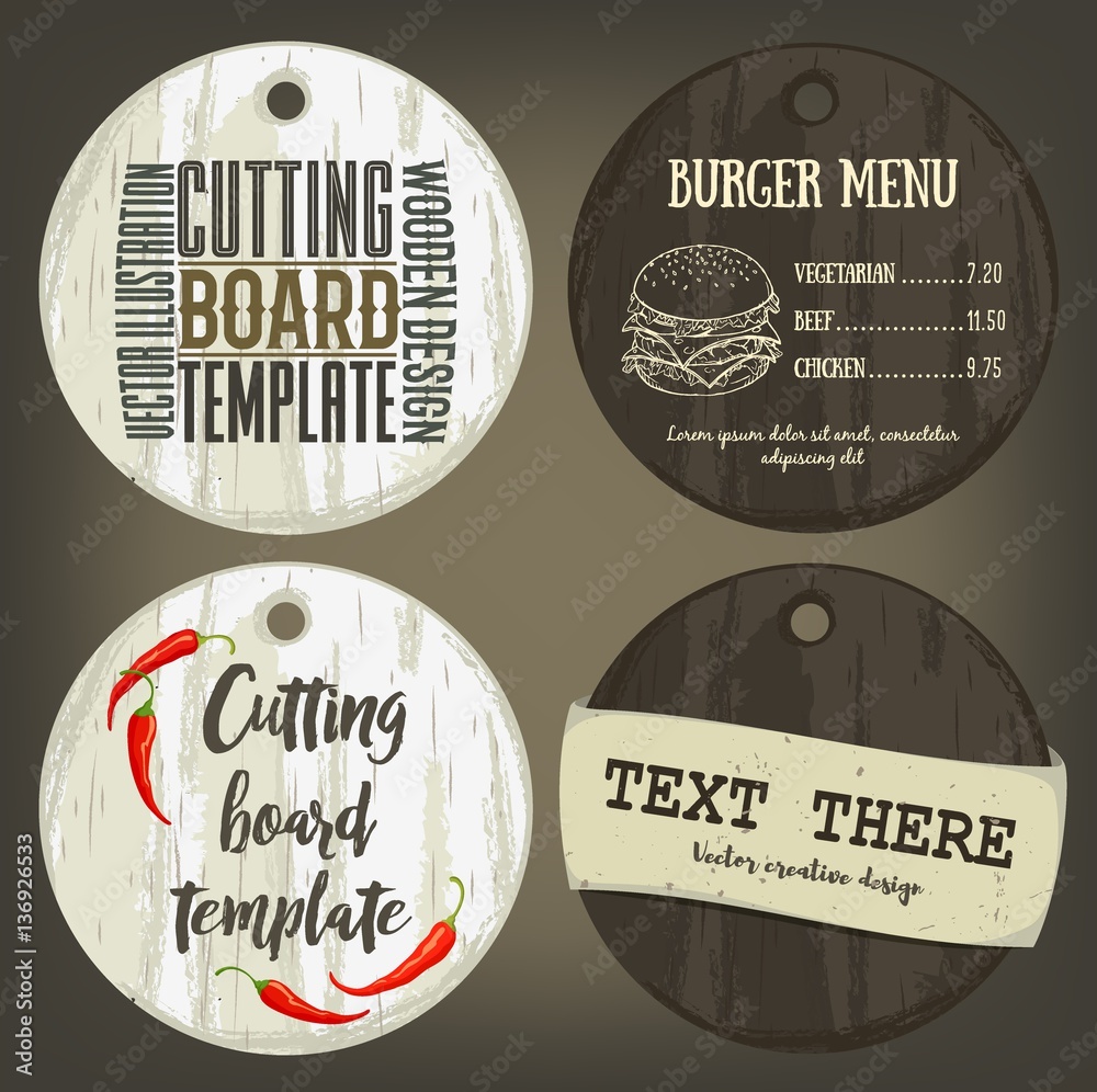 Wood round cutting board template with hole and usage examples. Vector ...