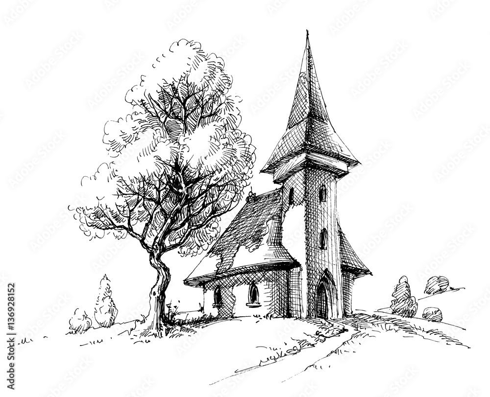 Old church sketch. Artistic drawing for printing Stock Vector | Adobe Stock