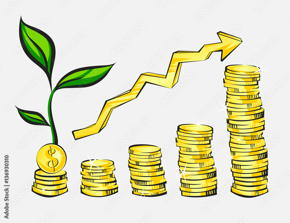 Income increase concept, golden coins stacks with money tree ...